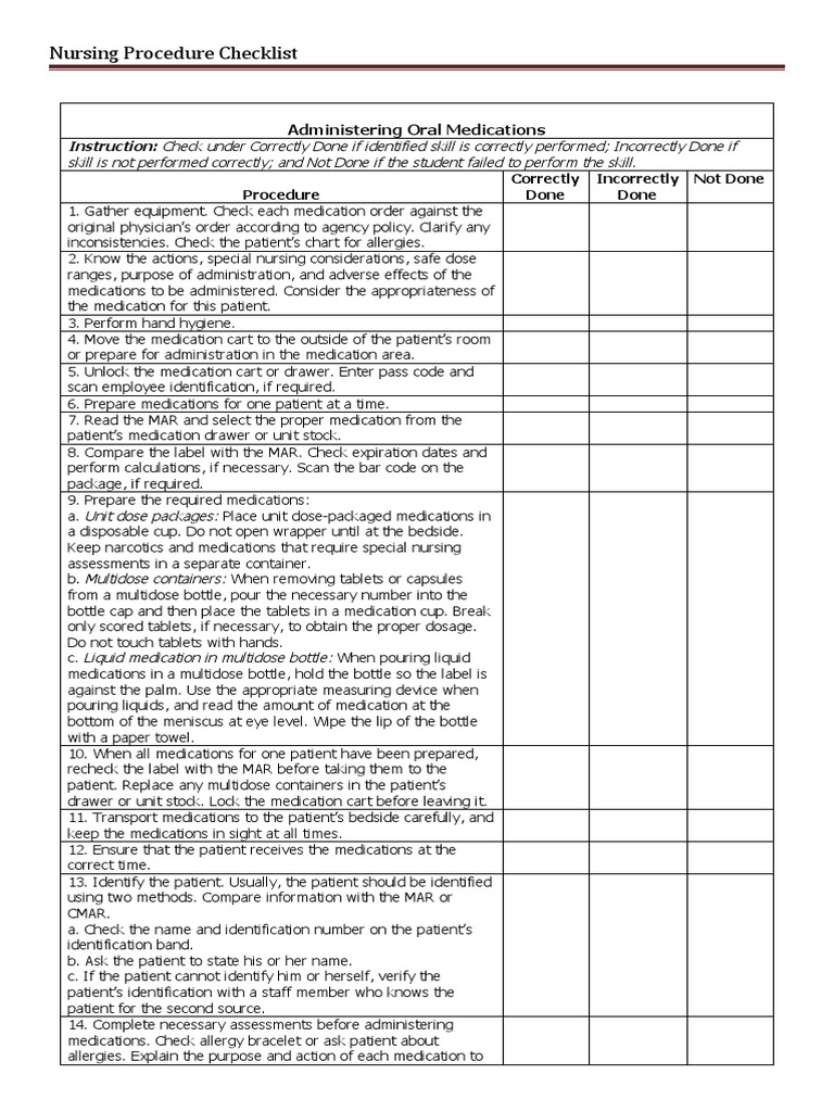 Nursing Procedure Checklist: Administering Oral Medications | PDF ...