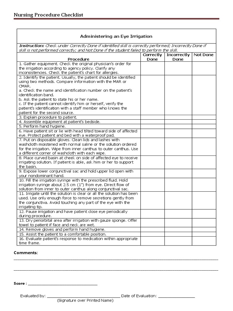 Nursing Procedure Checklist: Administering An Eye Irrigation | PDF ...