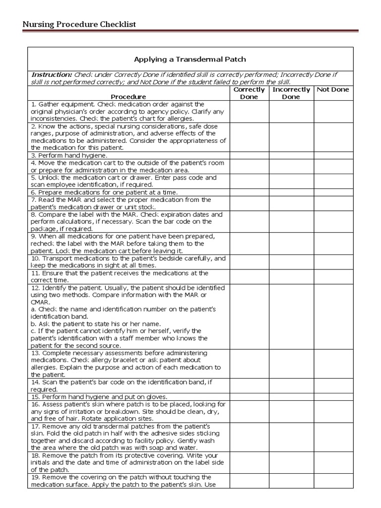 Nursing Procedure Checklist: Applying A Transdermal Patch | PDF ...