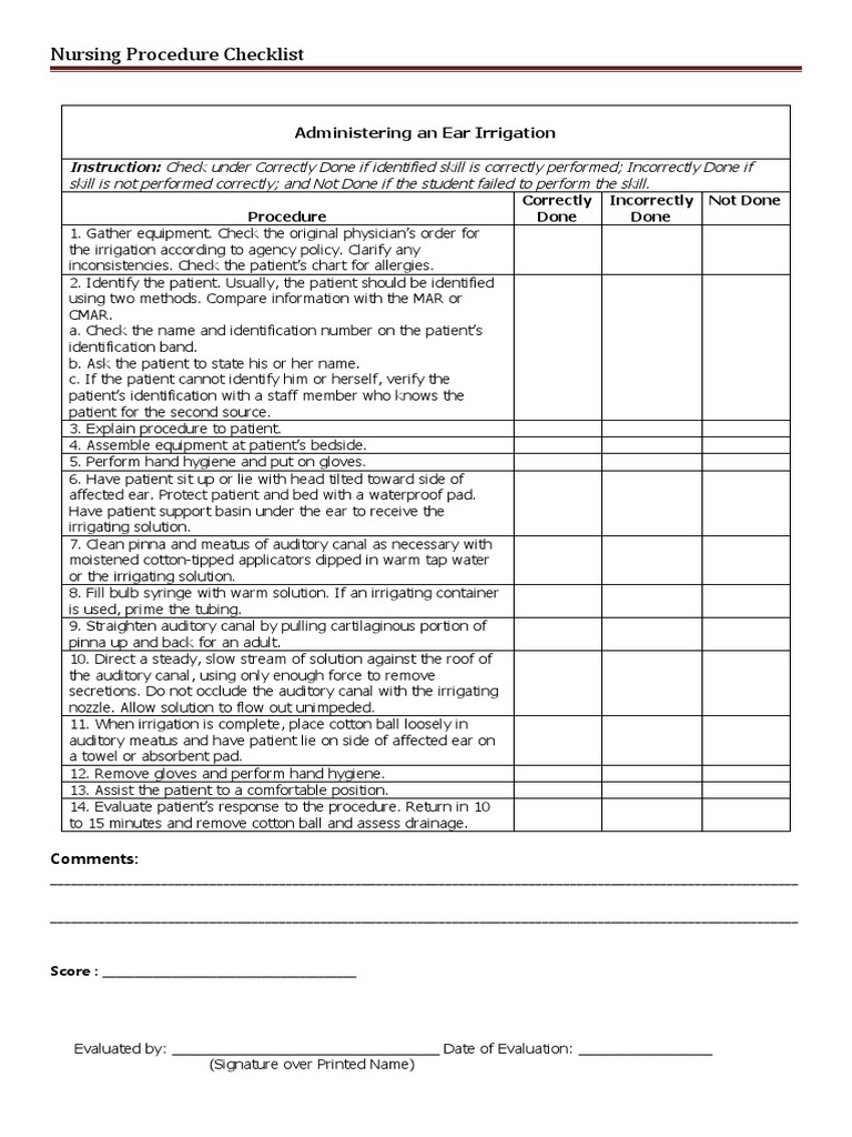 Nursing Procedure Checklist: Administering An Ear Irrigation | PDF ...