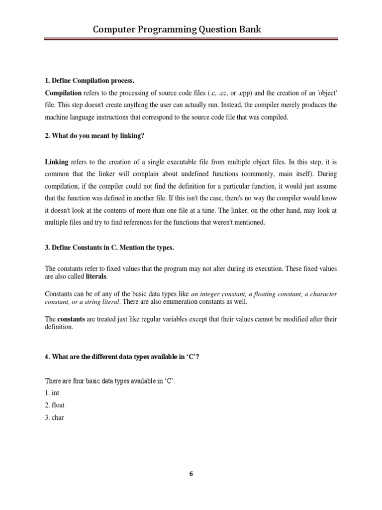 Computer Programming Question Bank Constant Or A String Literal There Are Also Enumeration