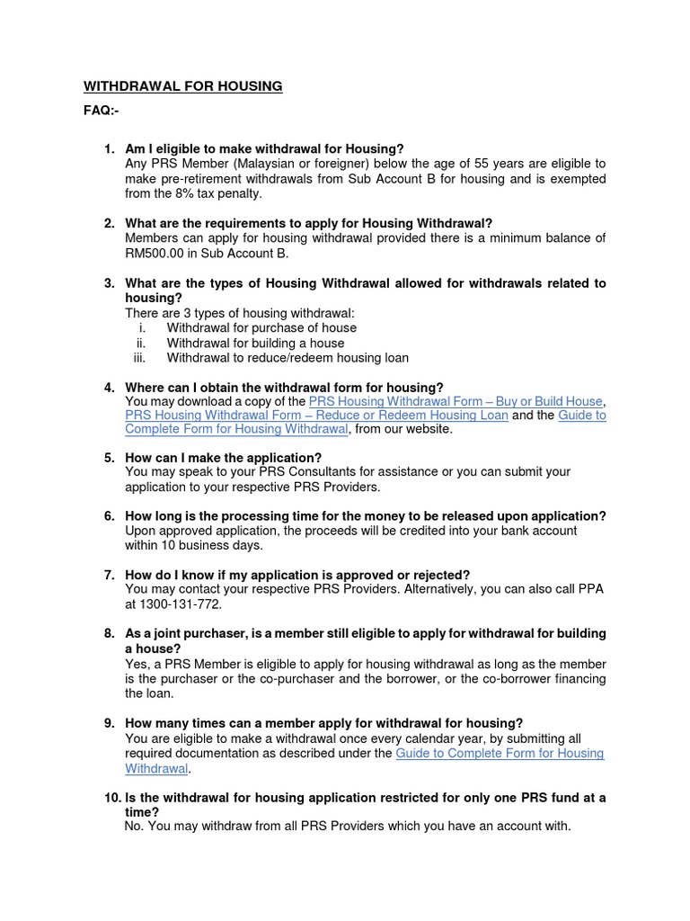 FAQ On Withdrawal For Housing | PDF