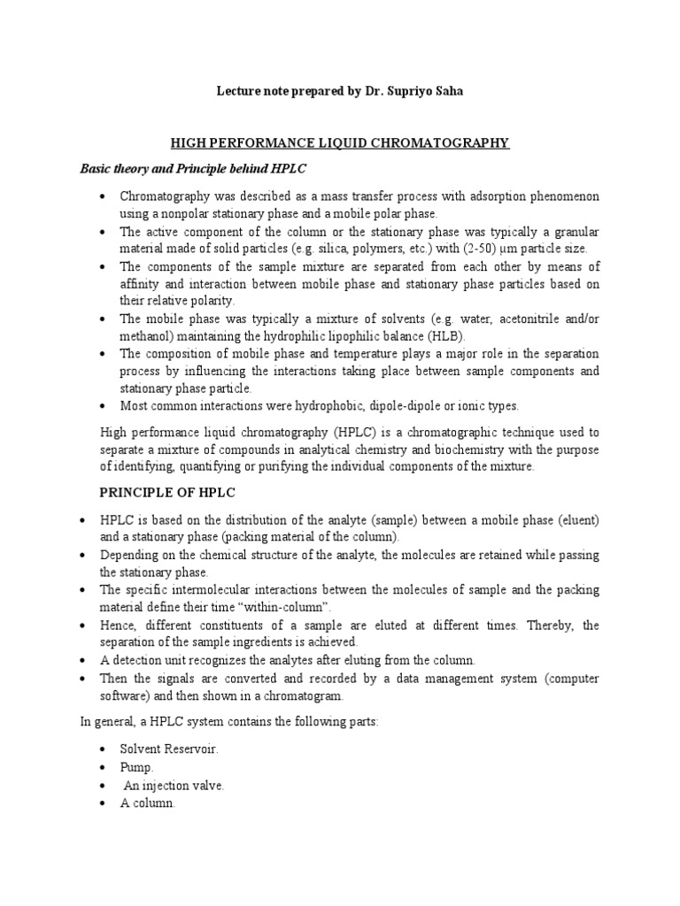 Lecture Note Prepared by Dr. Supriyo Saha: Basic Theory and Principle ...