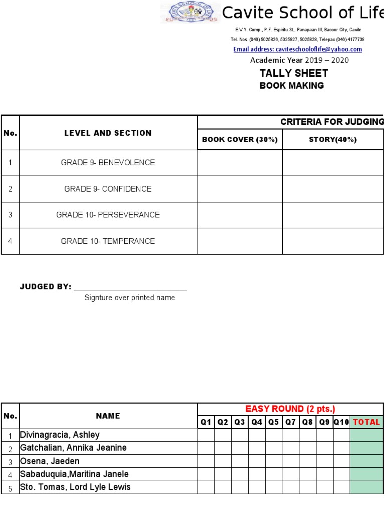 Academic Year 2019 - 2020: Tally Sheet | PDF