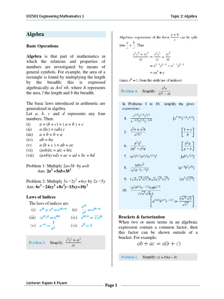 Lecture 3 - Algebra & Partial Fractions | PDF | Factorization | Quadratic Equation