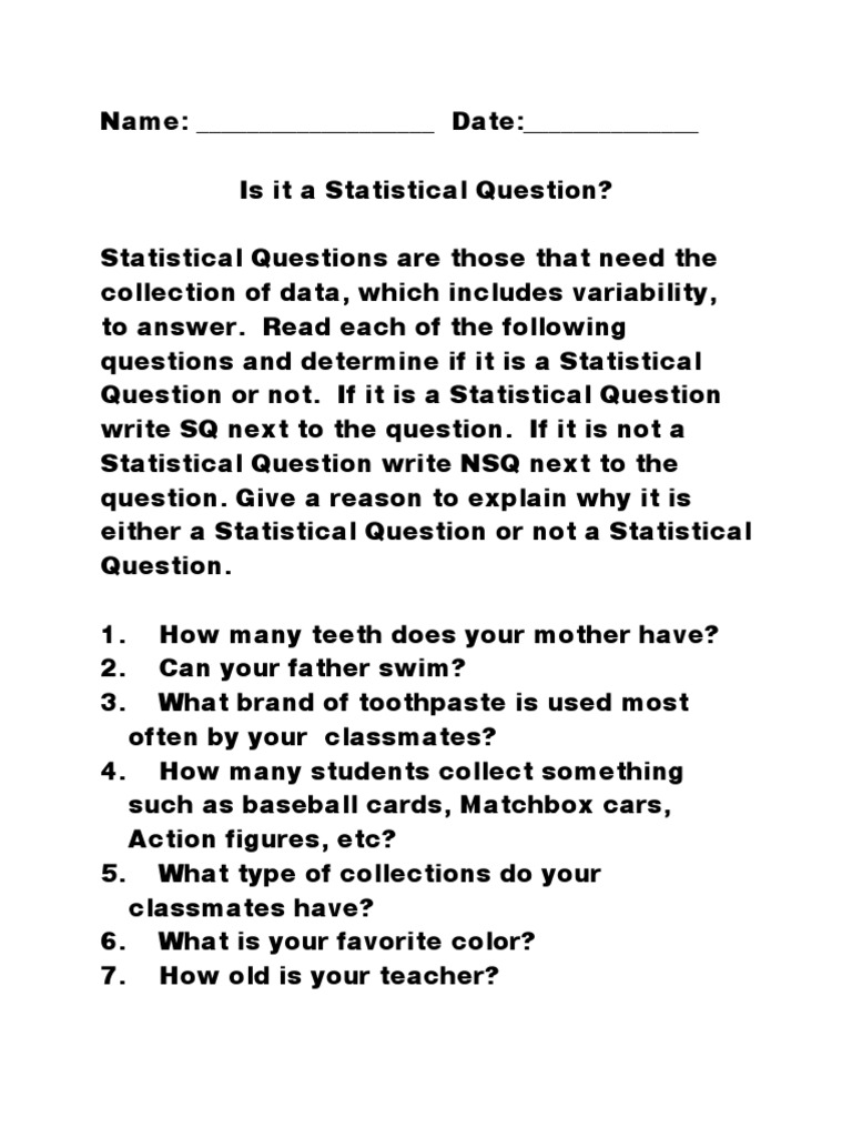 Statistical Question Worksheet | PDF