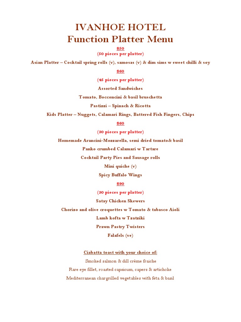 Ivanhoe Functions Menu Final 2018 | PDF | Italian Cuisine | Western Cuisine
