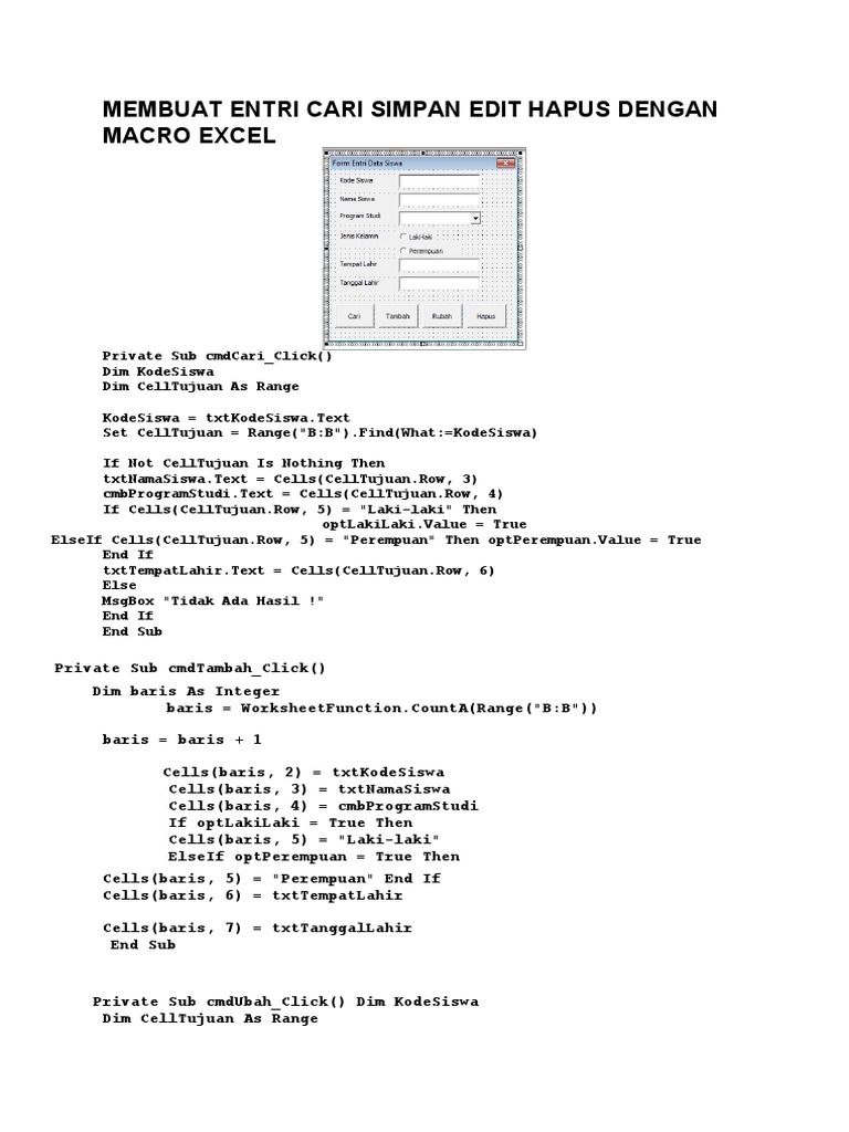 Membuat Entri Cari Simpan Edit Hapus Dengan Macro Excel | PDF