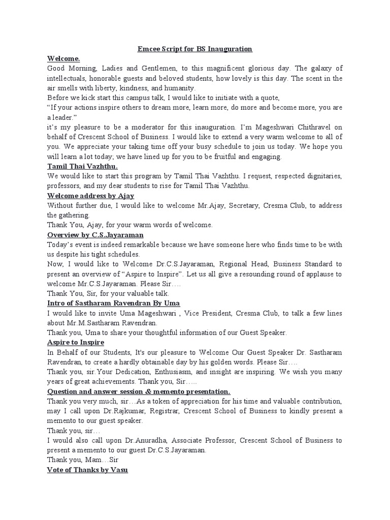 Emcee Script For BS Inauguration | PDF