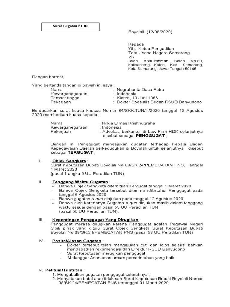 Surat Gugatan PTUN | PDF