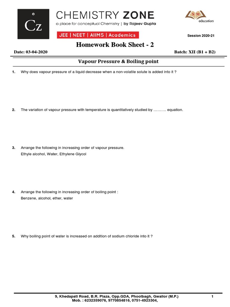 Vapour Pressure Boiling Point-Homework Book Sheet PDF | PDF