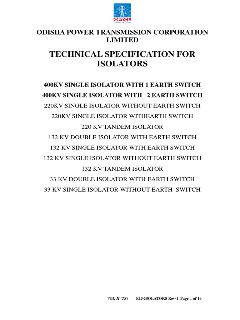 Technical Specification For Isolators: Odisha Power Transmission Corporation Limited | PDF ...