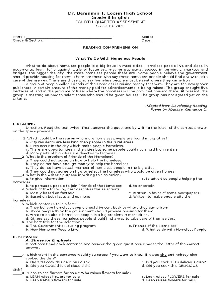 Fourth Quarter Assessment: Dr. Benjamin T. Locsin High School Grade 8 ...