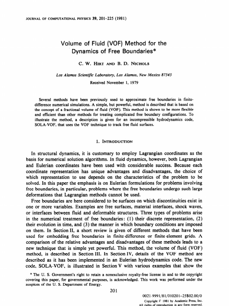Volume of Fluid (VOF) Method For The Dynamics of Free Boundaries | PDF ...