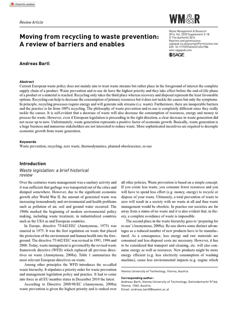 Moving From Recycling To Waste Prevention: A Review of Barriers and ...