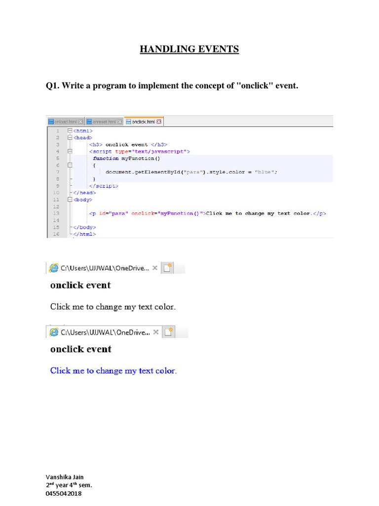Handling Events Q1 Write A Program To Implement The Concept Of Onclick Event Pdf 0899