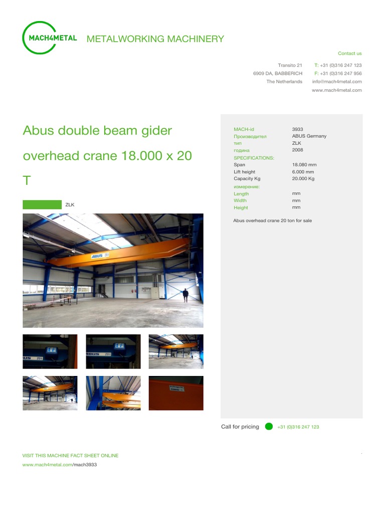 Abus 20 Ton Overhead Crane for Sale | PDF