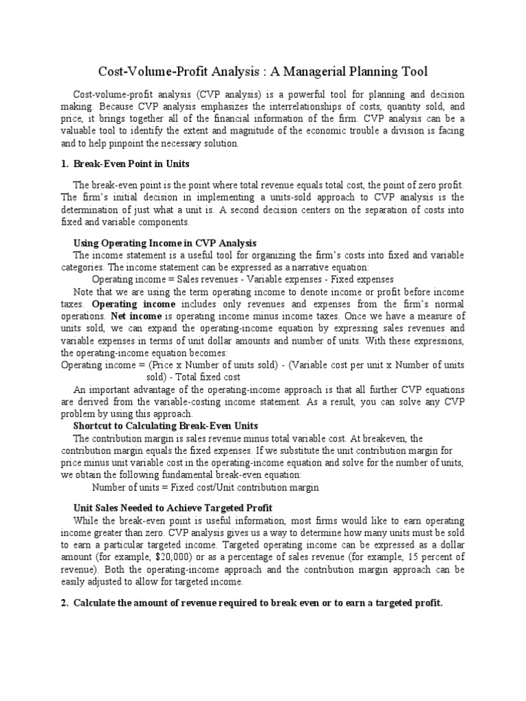 Cost-Volume-Profit Analysis A Managerial Planning Tool | PDF | Financial Accounting | Market ...