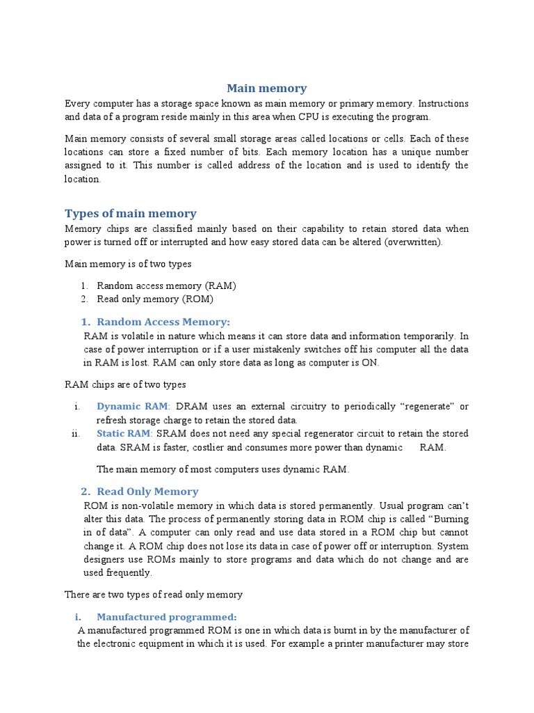 Main Memory | PDF | Random Access Memory | Read Only Memory