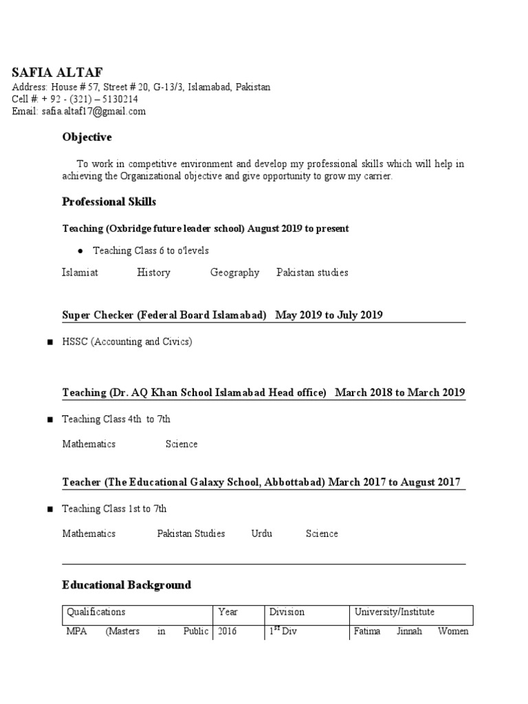 Safia Altaf: Objective | PDF | Islamabad | World Politics