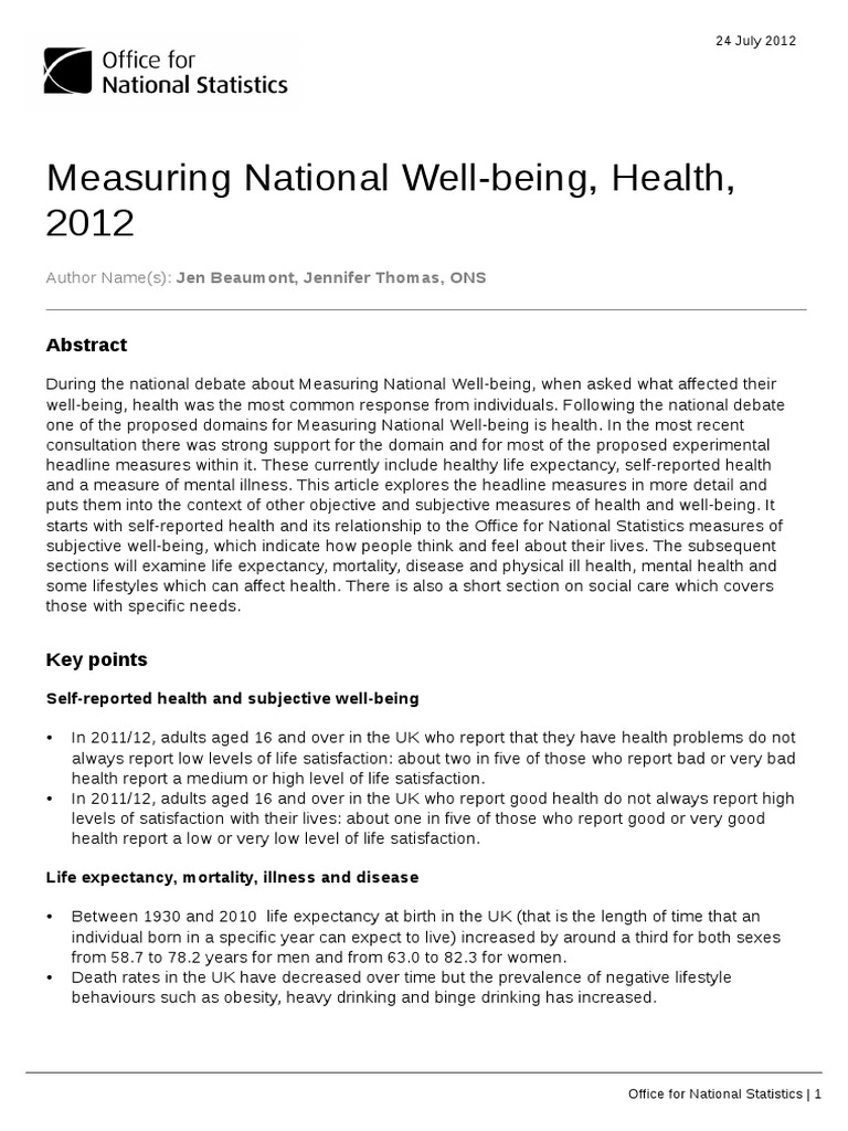 Measuring National Well-Being, Health, 2012: Author Name(s) : Jen ...