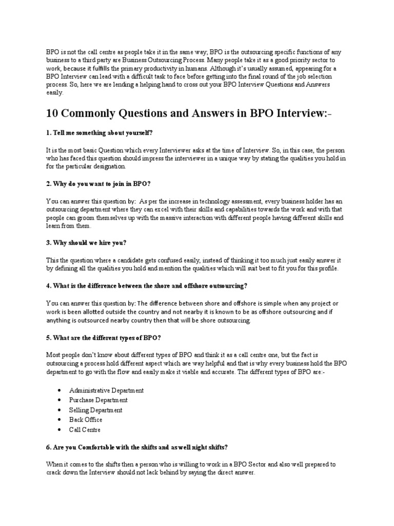 BPO Interview Questions & Answers Guide | PDF | Outsourcing | Call Centre