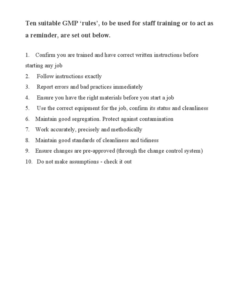 Ten Suitable GMP Rules', To Be Used For Staff Training or To Act As A ...