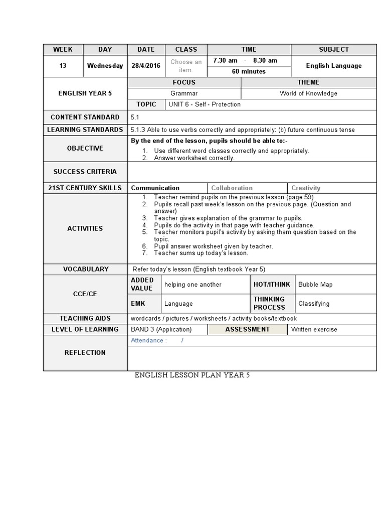 English Lesson Plan Year 5 Pak 21 | PDF | English Language | Question