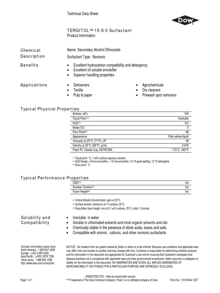 TERGITOL™ 15-S-3 Surfactant PDF | PDF | Surfactant | Solubility