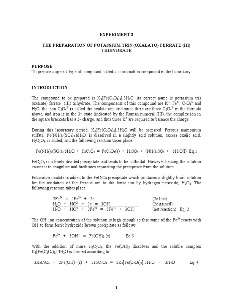 Experiment 3 The Preparation of Potassium Tris (Oxalato) Ferrate (Iii) Trihydrate | PDF ...