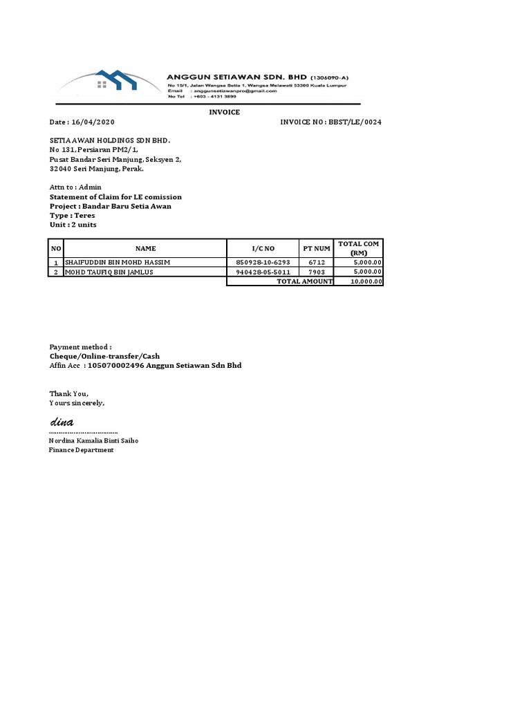 Invoice Invoice: NO Name I/C No PT Num Total Com (RM) Total Amount ...