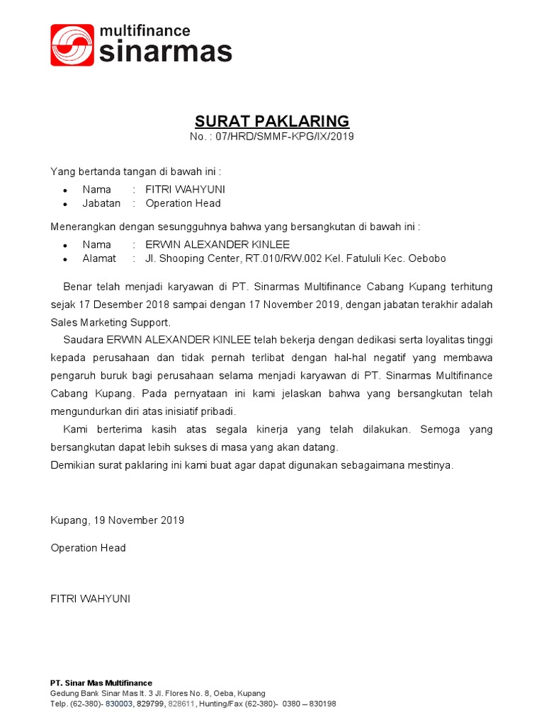 Surat Paklaring Sinarmas Kupang | PDF