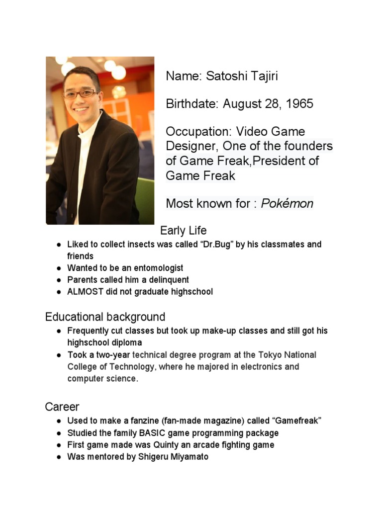 Satoshi Tajiri: Early Life and Education | PDF | Games & Activities
