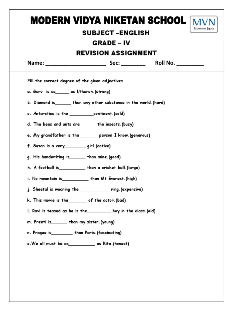 Adjectives, Jumbled Sentences, Correct The Errors - Rev. Assign | PDF