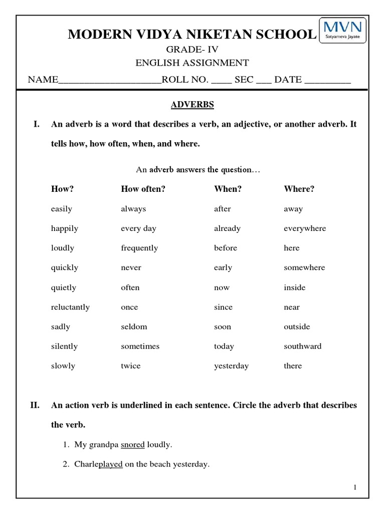 Modern Vidya Niketan School: Grade-Iv English Assignment NAME - ROLL NO ...