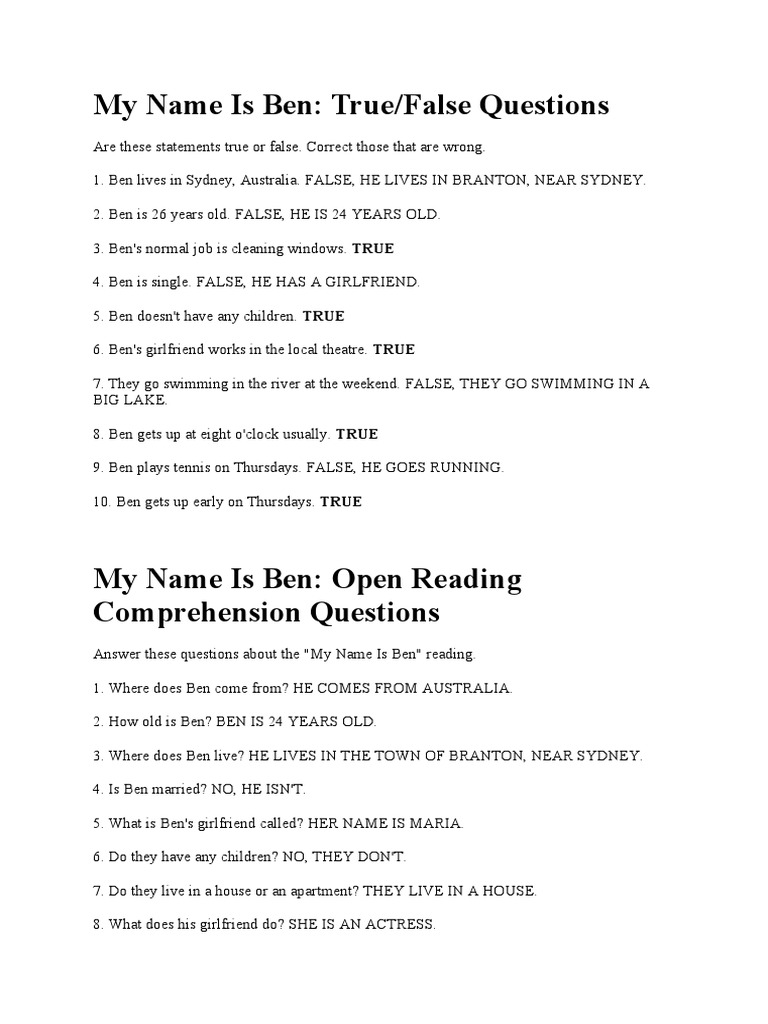 Reading Comprehension 1 Answer | PDF