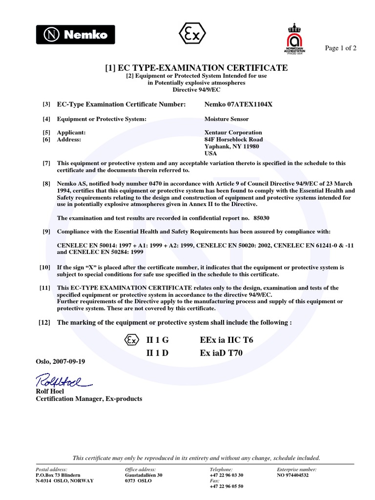 Xentaur ATEX Certification for Moisture Sensor | PDF | Safety