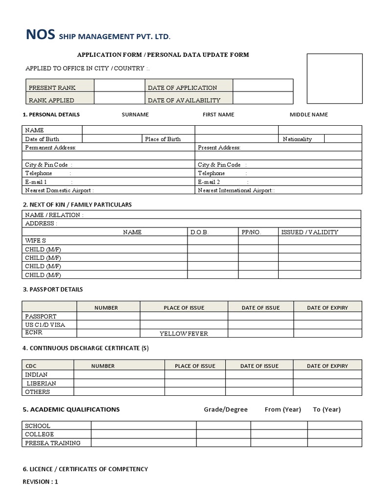 Ship Management Pvt. LTD.: Application Form / Personal Data Update Form ...