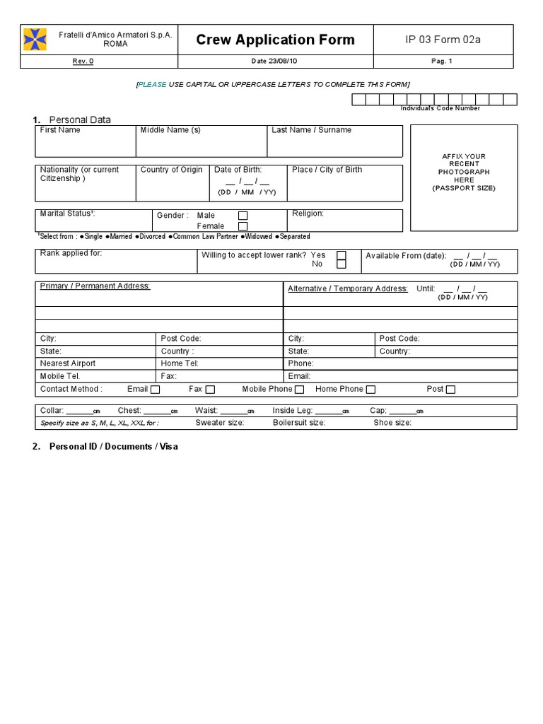 Crew Application Form for Fratelli d'Amico | PDF | Oil Tanker ...
