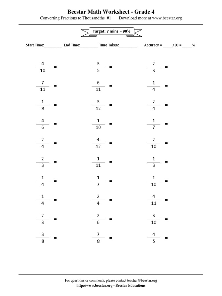 Beestar Math Worksheet - Grade 4: Target: 7 Mins - 90% | PDF