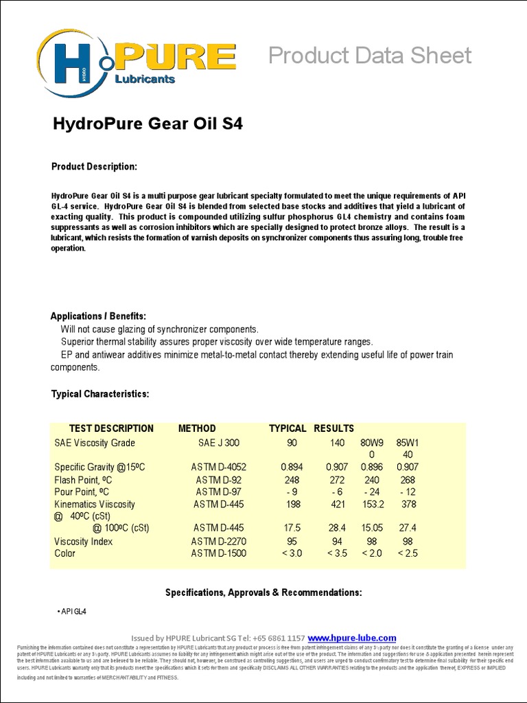 Product Data Sheet: Hydropure Gear Oil S4 | PDF | Lubricant | Materials