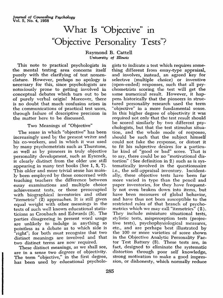 What Is "Objective" in "Objective Personality Tests"?: Raymond B ...