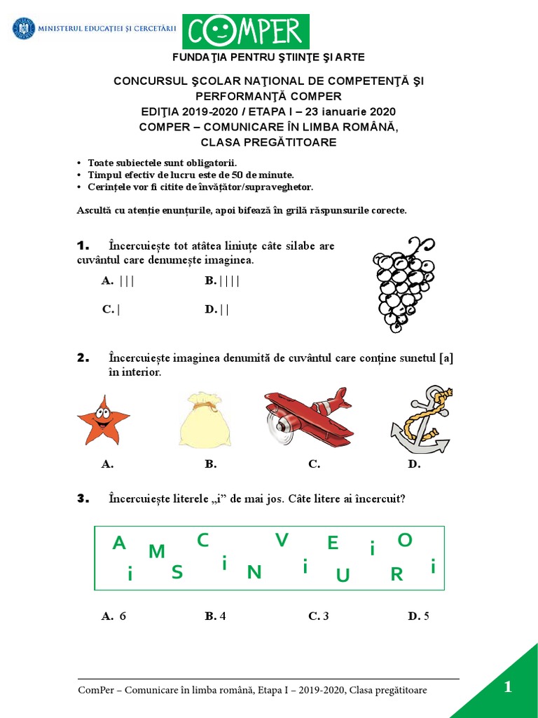 Subiect Comper Romana Etapai 2019 2020 Clasa0 1 PDF | PDF