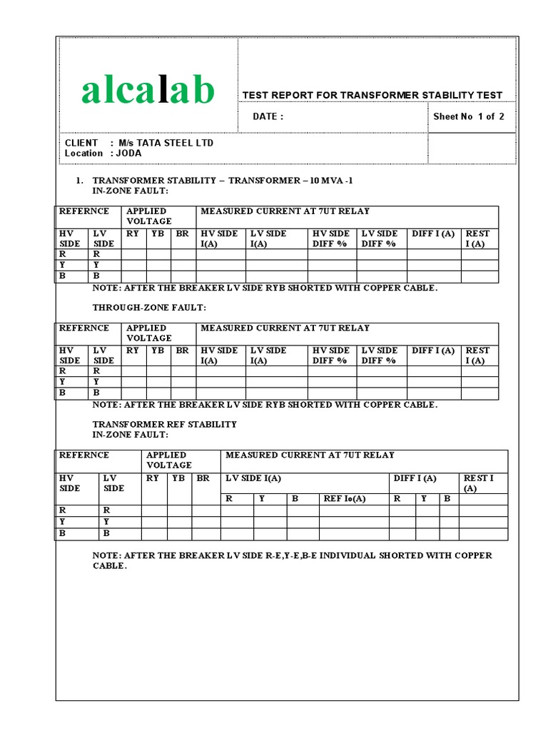 Alca Ab: Test Report For Transformer Stability Test | PDF | Transformer ...