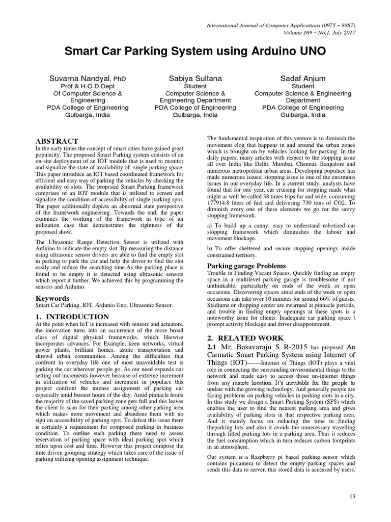 Smart Car Parking System Using Arduino UNO: Suvarna Nandyal Sabiya ...