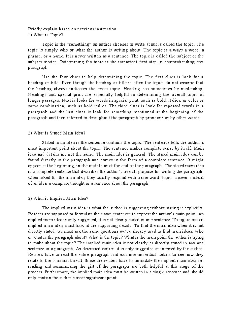 Explaining the Concepts of Topic, Stated Main Idea, and Implied Main ...