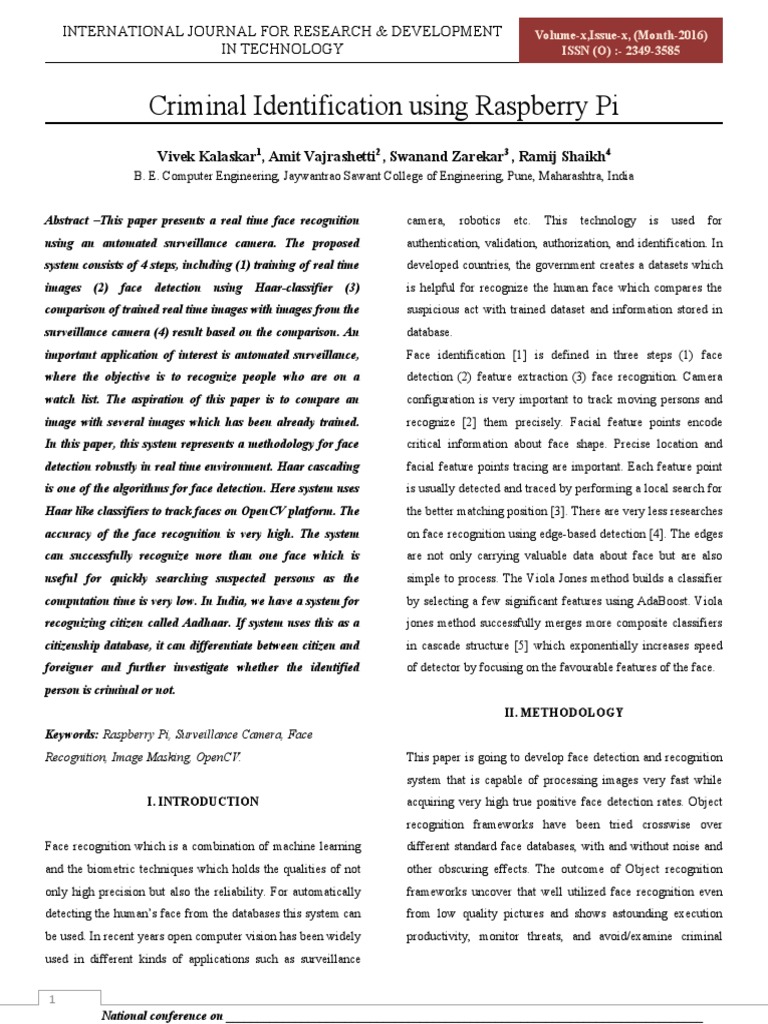 Criminal Identification Using Raspberry Pi: Vivek Kalaskar, Amit Vajrashetti, Swanand Zarekar ...