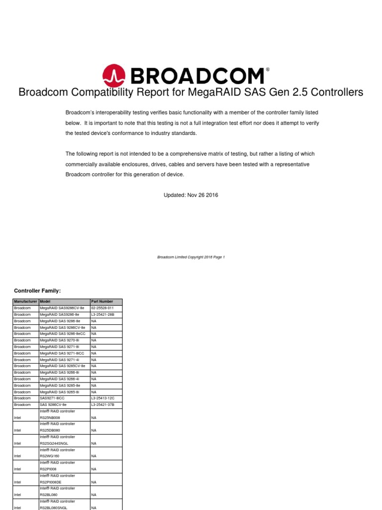 Broadcom Compatibility Report For Megaraid Sas Gen 2.5 Controllers ...