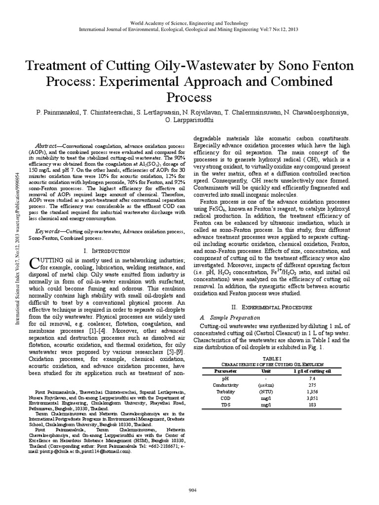 Treatment of Cutting Oily-Wastewater by Sono Fenton Process ...