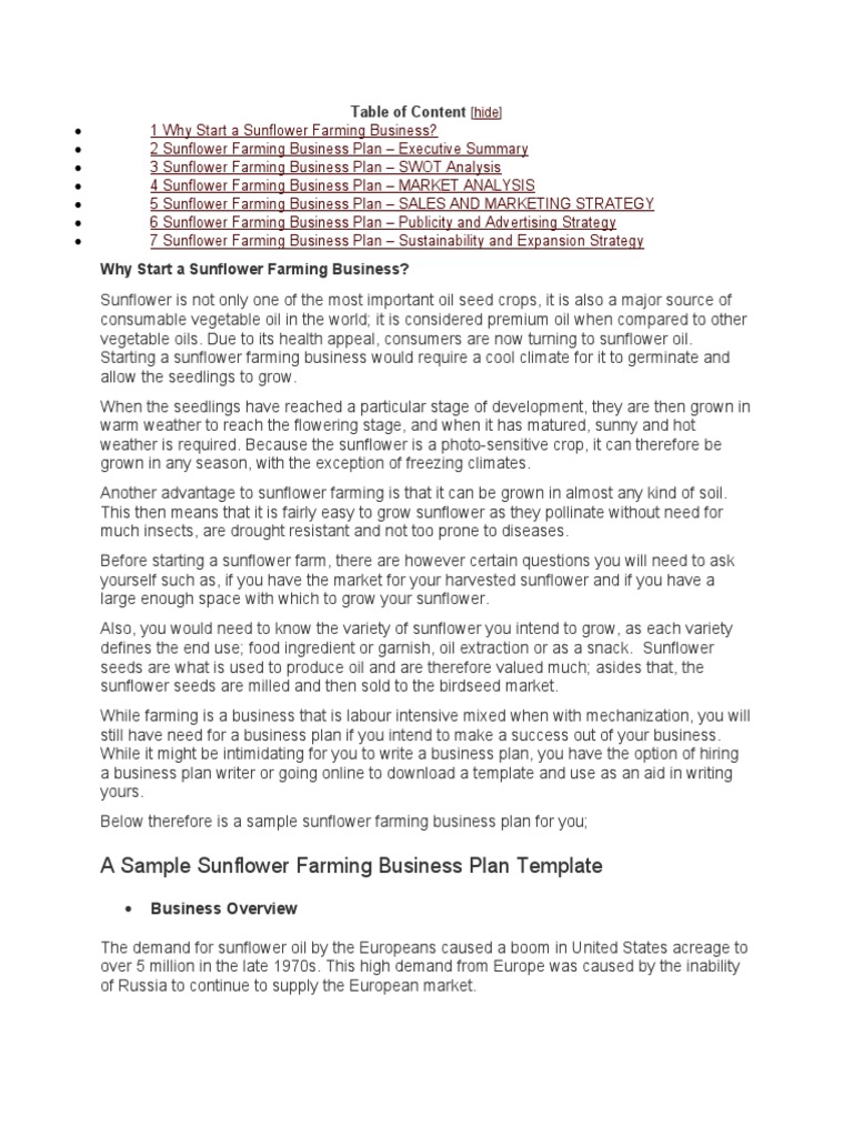 A Sample Sunflower Farming Business Plan Template | PDF | Point Of Sale ...